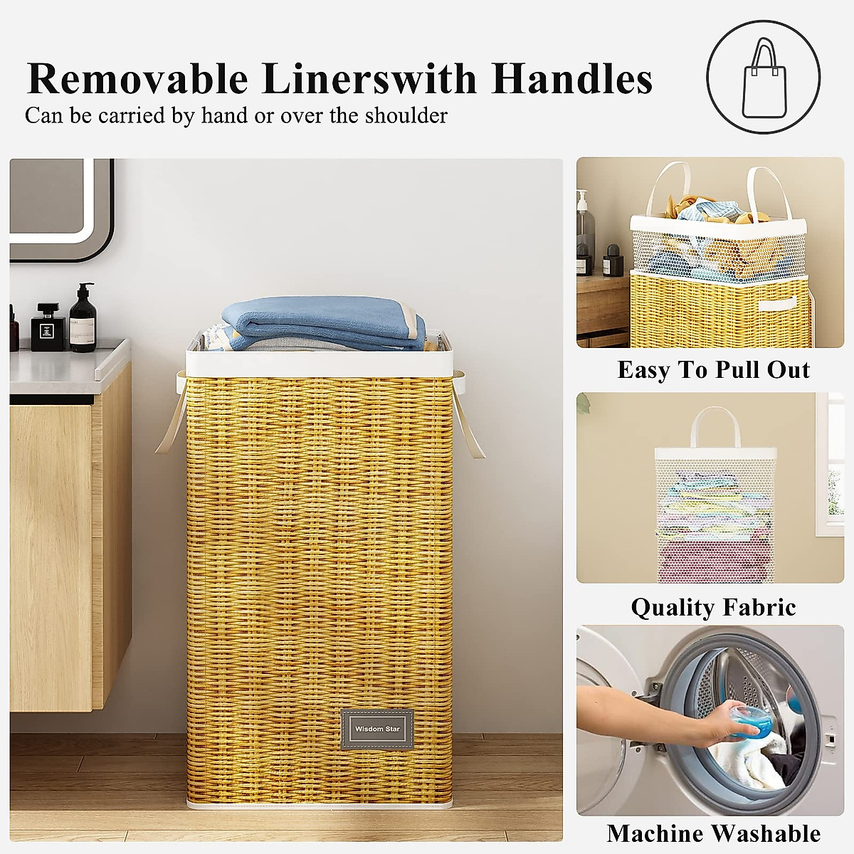 Wisdom Star Full Fabric Laundry Basket with Lid, 100 Gal(100L), Large Laundry Hamper with Handle Removable Bag, Collapsible Clothes Hamper Organize, For Change of Clothes Toys Towels, Wicker Print