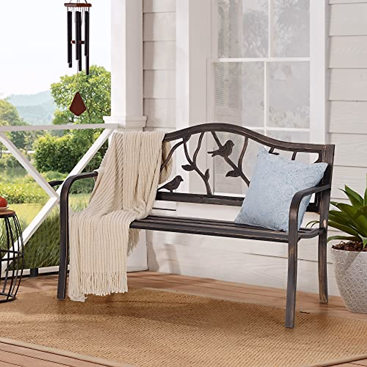 Sophia & William Outdoor Garden Park Bench Patio Metal Bench, Steel Frame Bench with Backrest and Armrests for Porch, Lawn, Balcony, Backyard and Indoor, Bronze