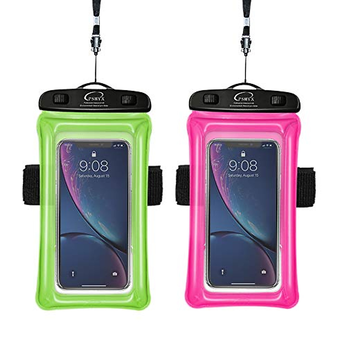 PSHYX Universal 100 Feet Waterproof Phone Pouch Floating Case with Arm Band for iPhone 13 12 11 Pro Max XS XR X 8 7 6S Plus Samsung Google LG Phone up to 7 Inch (Pack of 2) (Pink+Green)