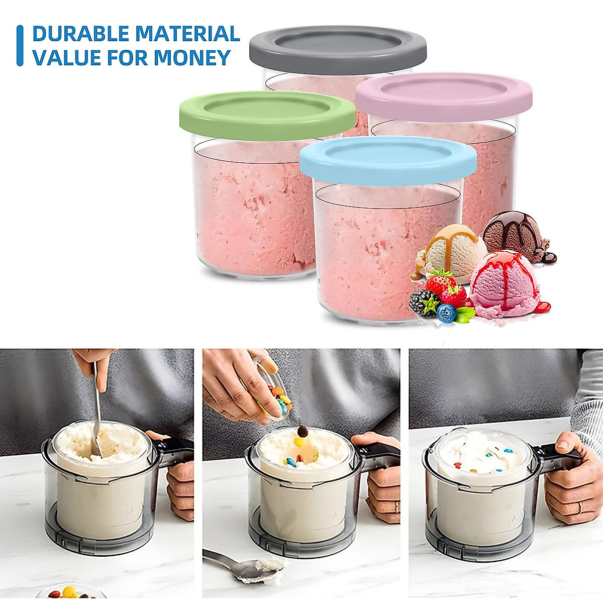 Generic Containers Replacement for Ninja Creami Pints and Lids, 4 Pack Ice Cream Containers with Colorful Lids, Compatible with NC299AMZ & NC300s Series Ice Cream Maker, BPA-Free, Dishwasher Safe