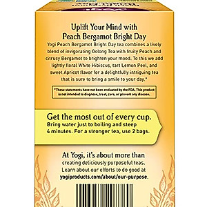 Yogi Tea Peach Bergamot Bright Day Tea - 16 Tea Bags per Pack (4 Packs) - Organic Tea to Support Energy & Positivity - Includes Oolong Tea Leaf, White Hibiscus Flower, Rose Hips & More
