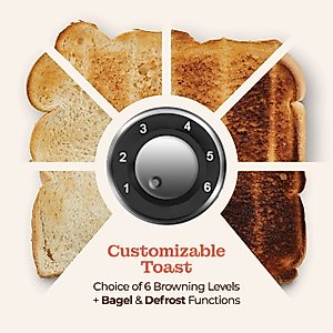 Peach Street 2 Slice Toaster Compact Bread Toaster with Digital Countdown, Wide Slots, Auto-Pop Stainless Steel, 6 Browning Levels, Removable Crumb Tray, with Defrost, Bagel, and Cancel Function