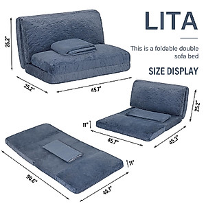 LITA Fluffy Soft Bean Bag Sofa Bed with Blanket, Folding Mattress Bean Bag Chair Foam Filling Convertible Couch Bed with Removable Cover Soft Faux Fur Wall Sofa Bed for Living Room, Dark Grey