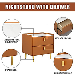 MGH Modern Small Nightstands Set of 2 with Two Drawers, Mid-Century Faux Marble PU Leather Side Tables, Bedside End Mini Table Night Stand for Living Room/Bedroom/Office (Orange) (NS002-SET)