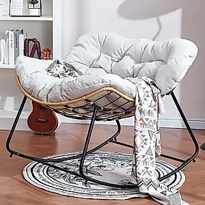 TALFEHR Outdoor Papasan Rocking Chair with Padded Cushion, Oversized Comfy Patio Chair Indoor Wicker Egg Rocker Chair, Steel Frame Modern Lounge Chair for Balcony (Dark Grey,441lb Capacity)