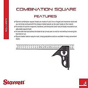 Starrett Steel Combination Square with Square Head - Ideal for Professionals and Home Improvement - 300mm, Cast Iron Heads, Reversible Lock Bolt, Spirit Level - 11MH-300
