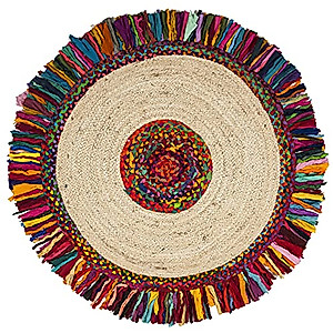 SAFAVIEH Cape Cod Collection 3' Round Ivory/Red CAP205A Handmade Boho Fringe Jute & Cotton Area Rug