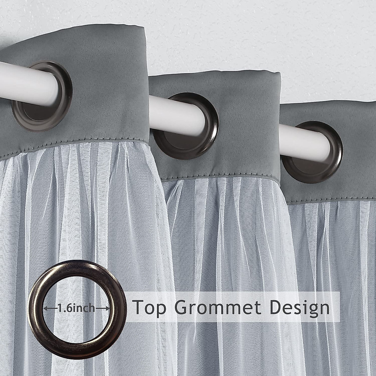 BONZER White Sheer Tulle Overlay Blackout Curtains Grommet Top Mix and Match Curtains for Living Room, Cloud Grey, 52x95 Inch, Set of 2 Panels