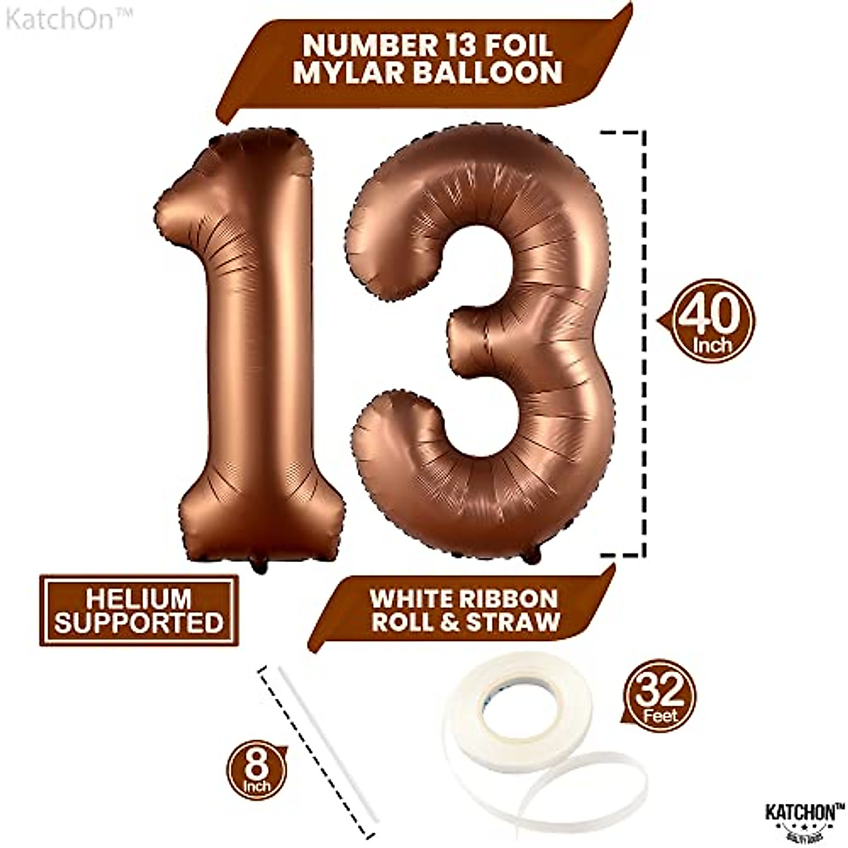KatchOn, Coffee Brown 13 Balloon Numbers - 40 Inch | Giant, Number 13 Balloons for 13th Birthday Decorations for Girls | 13th Birthday Decorations for Boys | Official Teenager Birthday Decorations