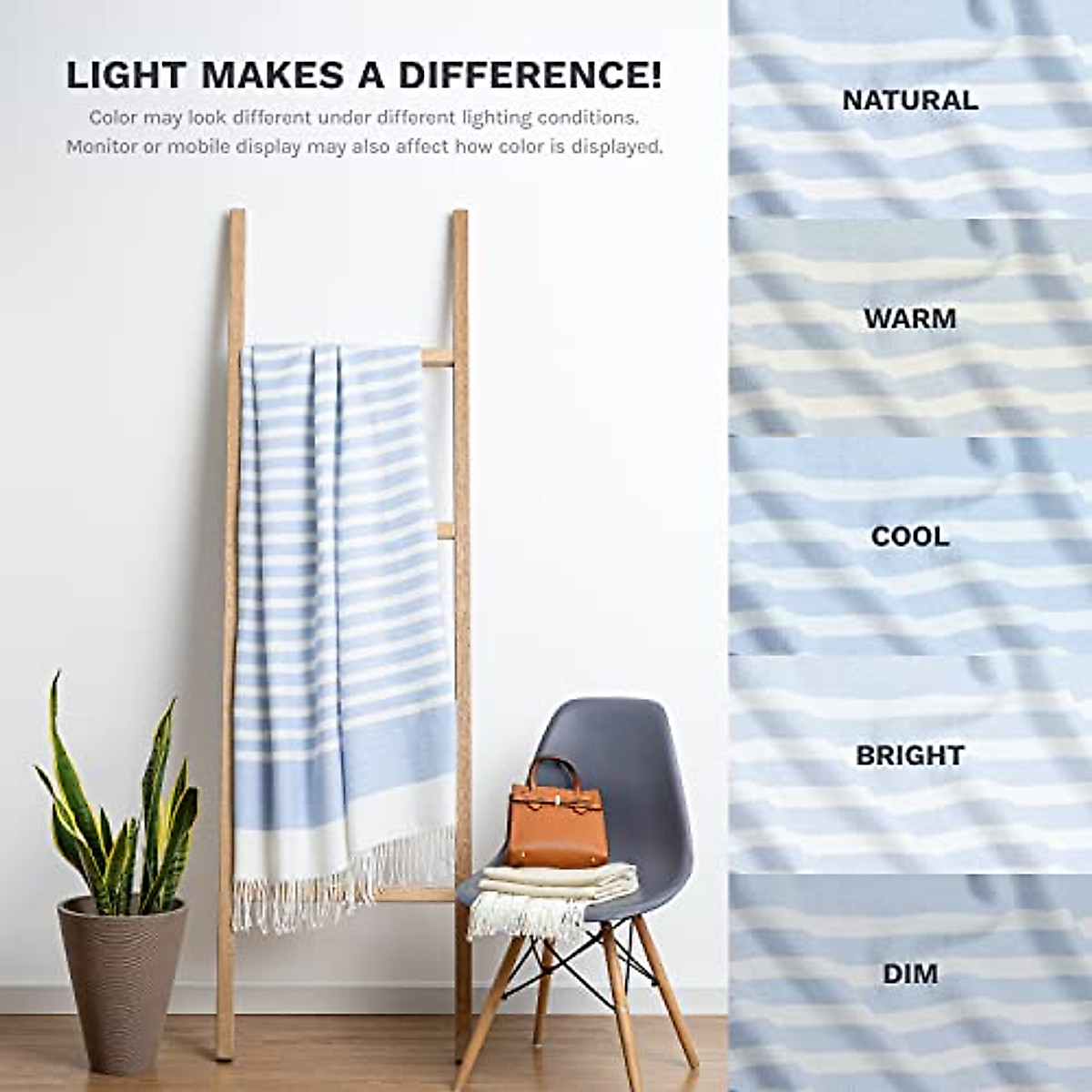 Striped Throw Blanket - Farmhouse Style Throws with Cabana Stripe Coastal Beach Pattern - Soft Light Woven Blankets with Stripes for Sofa, Bed, Outdoor, Patio - 50 x 60 in. (Light Blue)