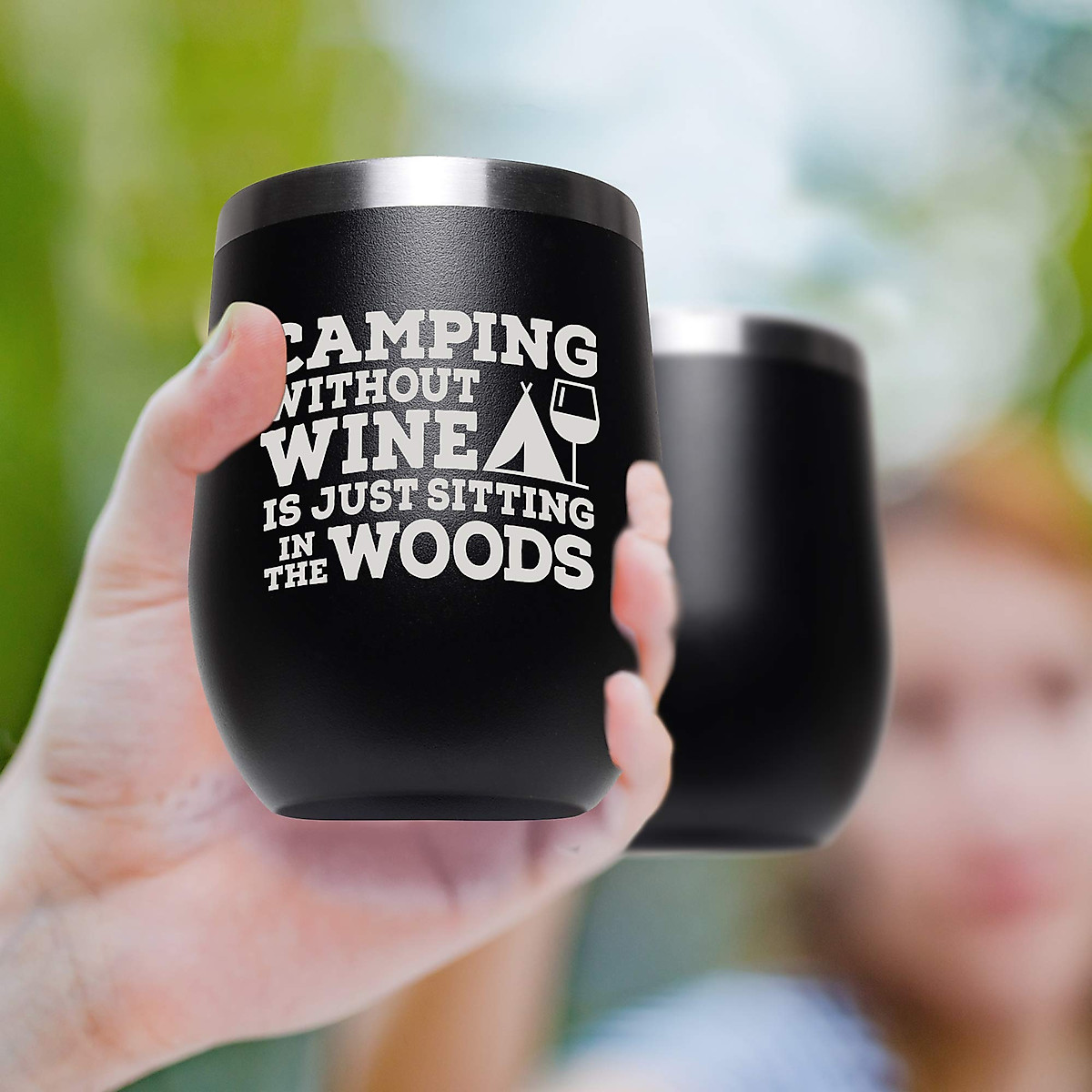 Chris's Stuff 12 oz Wine Tumbler - Iced Coffee Mug with Splash-Proof Lid Stainless Steel Double Wall Vacuum Insulated with Inner Layer Copper Keep Drinks Cold/Hot - Quote: Camping Without Wine (Black)