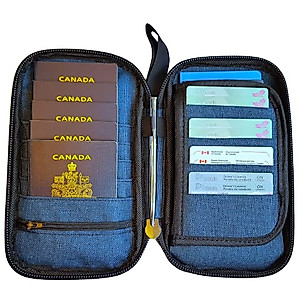ALFARRA 10 Passports Family Travel Document Wallet - 10 Passport Pockets and 8 ID Slots, SIM Card and Coin Zipper Pouch, Dark Blue with Black Border Seam, Casual, Hand-crafted