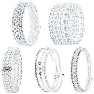 Beupy 9 Pcs Faux Pearl Bracelet 3-Row Pearl Stretch Bracelet Multilayer Pearl Elastic Bangle Vintage Wedding Bridal Bridesmaid White