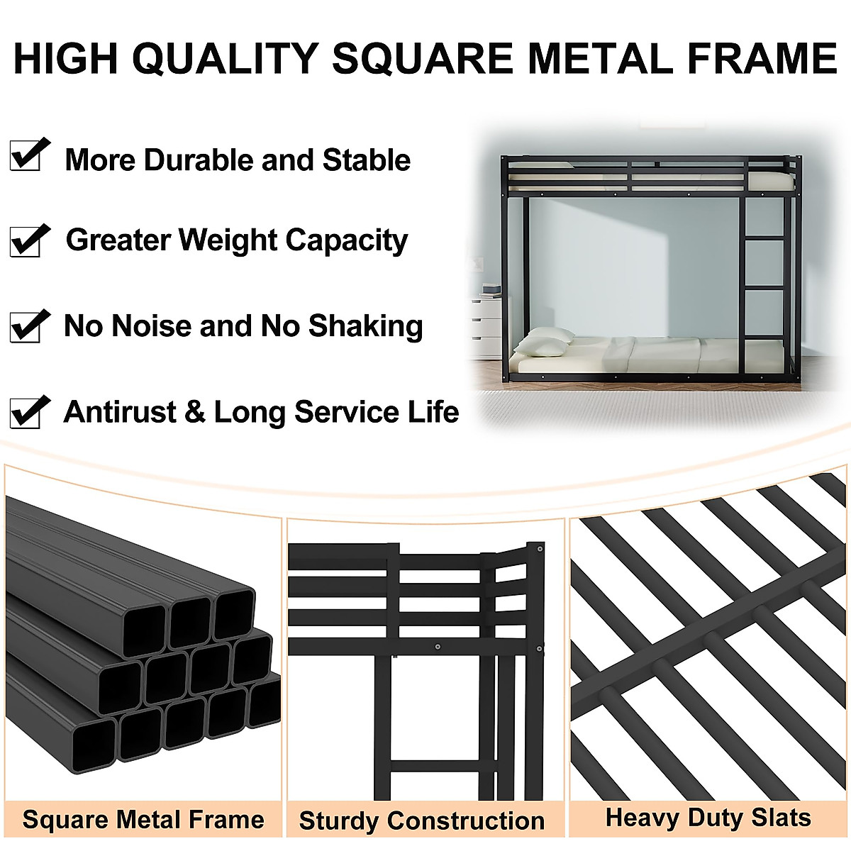 iRoll Full Over Full Bunk Bed, Metal Bunk Bed with Built-in Ladder and Full-Length Guardrail, Low Floor Bunk Beds for Boys Girls & Adults, Noise Free, No Boxing Spring Needed, Space Saving, Black