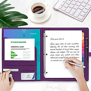 Leather Padfolio 3 Ring Binder (1 inch Round Ring) for Letter Size (11" x 8.5"), Business Portfolio Folder for Interview, Conference and Presentation, Purple