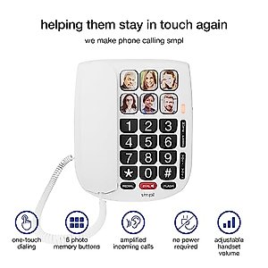 SMPL Hands-Free Dial Photo Memory Corded Phone, One-Touch Dialing, Large Buttons, Flashing Alerts, Durable, Perfect for Seniors, Alzheimer's, Dementia (6 Image | Amplify Switch)