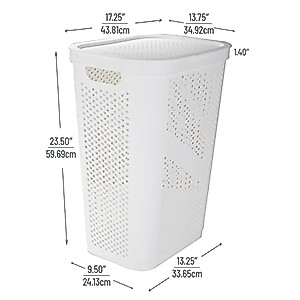 Mind Reader Basket Collection, Slim Laundry Hamper, 60 Liter (15kg/33lbs) Capacity, Cut Out Handles, Attached Hinged Lid, Ventilated, 13.75"L x 17.25"W x 23.5"H, White