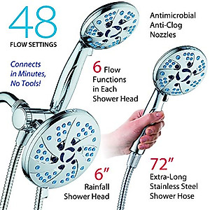 AquaCare Spa Station High Pressure 48-mode 3-way Rainfall & Handheld Shower Head Combo - Anti-Clog Nozzles, Extra-Long 6 ft Stainless Steel Hose, 2nd Wall Bracket/All Chrome Finish
