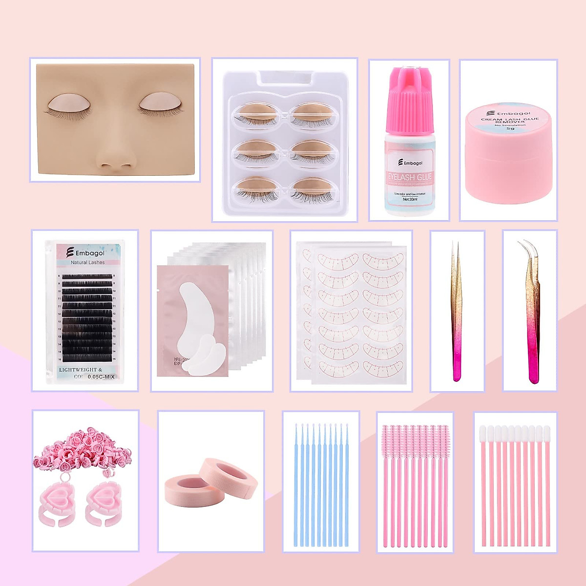 Embagol Lash Practice Kit For Beginners Professional Lash Mannequin Head With Replacement Eyelids, Glue Rings, Lash Glue Remover Tweezer Eyelash Extensions Training School Supplies