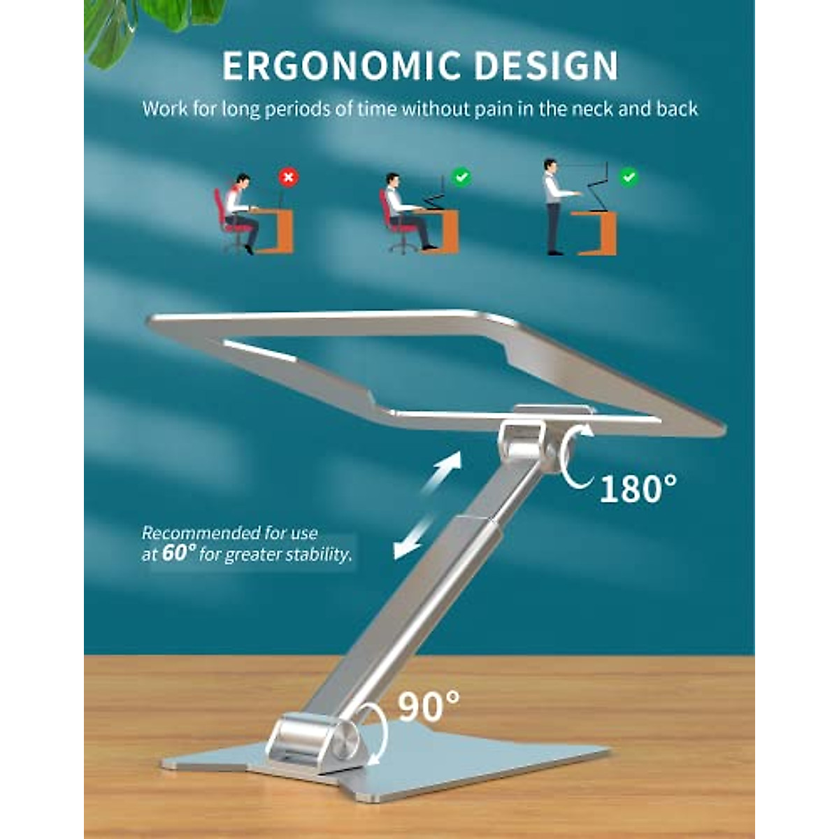 Biuupa Adjustable Laptop Stand for Desk- Sturdy Aluminum Foldable Computer Stand, Non-Slip Ergonomic Laptop Holder Lift for All Computers/ DJ/ Chromebook/ Notebook/ MacBook/ Air/ Pro, 10-16" Silver