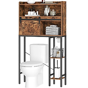 HOOBRO Over The Toilet Storage Cabinet, Bathroom Organizer Stand with Toilet Paper Holder, Space-Saving Toilet Storage Rack, Sliding Barn Door, Rustic Brown and Black BF82TS01