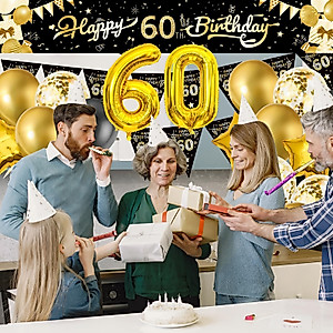 60th Birthday Decoration Happy Birthday Party Decoration Set Black and Gold Banner Balloons Backdrop for Men and Women