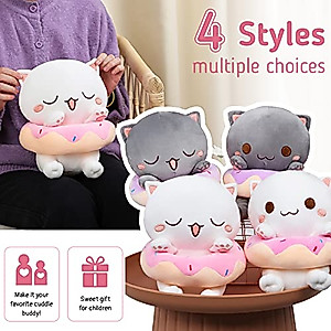 AIXINI Cute Plush Donut Cat Stuffed Animal, Super Soft Kawaii Cat Kitten Plushies for Kids 10inch (White,B)