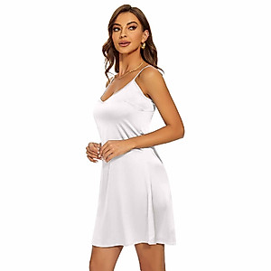 Miqieer Women Lingerie V Neck Nightwear Satin Sleepwear Chemise Mini Silk Nightgown(V-White, Medium)