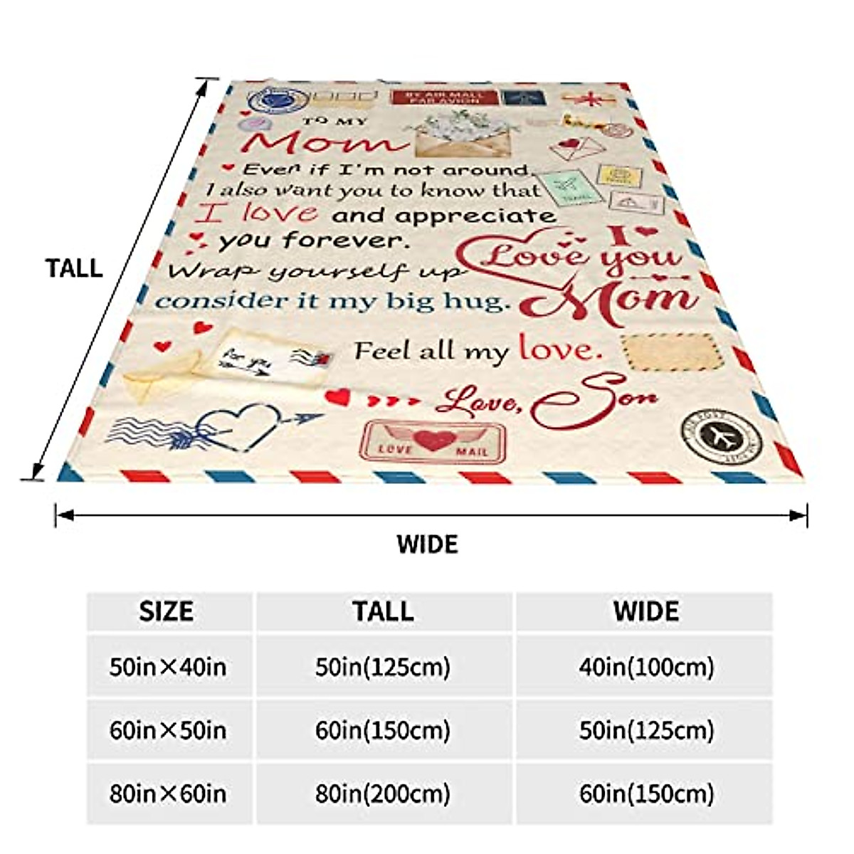 Gifts Blanket for Mom from Son, to My Mom Throw Blanket, Air Mail Letter Blanket Love Positive Encourage Printed Throw Blanket for Thanksgiving Birthday Mother Day's, 40"x50"