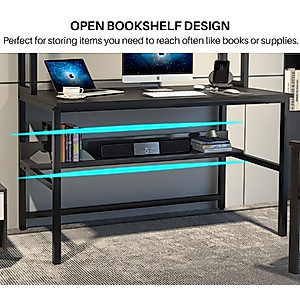 Aquzee Computer Desk with Hutch and Bookshelves, Large Leg Room 55 inch Width Black Desk with Space Saving Storage Shelves, Easy Assemble and All Hardware and Tools Included