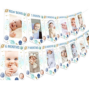 Fangleland Outer Space Theme 1st Birthday Photo Banner, First Trip Around The Sun Birthday Decoration - Blue Baby Picture Banner for Newborn to 12 Months’ Boy