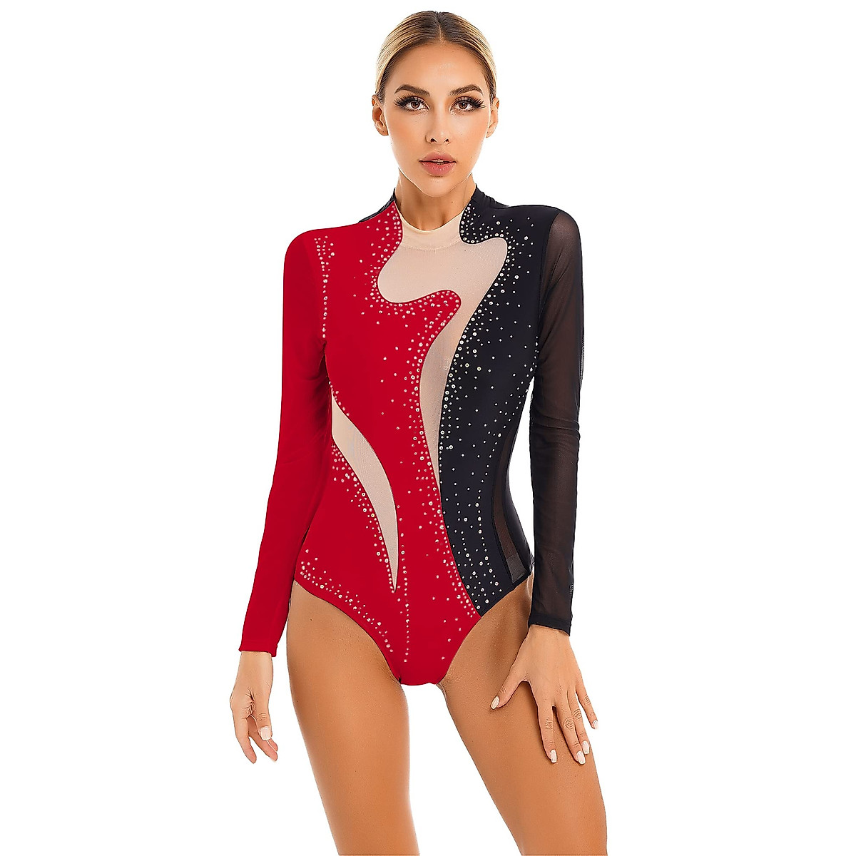 Aislor Women's Rhinestone Figure Skating Costume Sheer Mesh Long Sleeve Ballet Dance Gymnastics Leotard Black&Red Medium