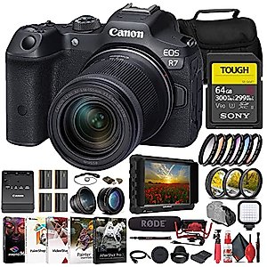 Canon EOS R7 Mirrorless Camera with 18-150mm Lens (5137C009) + 4K Monitor + Rode VideoMic + Sony 64GB Tough SD Card + Filter Kit + Wide Angle Lens + Telephoto Lens + Color Filter Kit + More (Renewed)