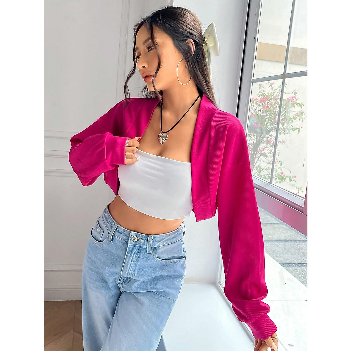 SweatyRocks Women's Casual Long Sleeve Ribbed Knit Top Open Front Cropped Cardigan Sweater Hot Pink M