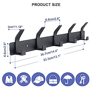 Coat Rack Wall Mounted,5 Coat Hooks for Hanging Coats,Heavy Duty Metal Double Hook Rack Hook Rail,Coat Rack with Hooks,Wall Mount Coat Hanger for Hat Towel Purse Robes ,Black,2Pack (Black2, 5 Hooks)