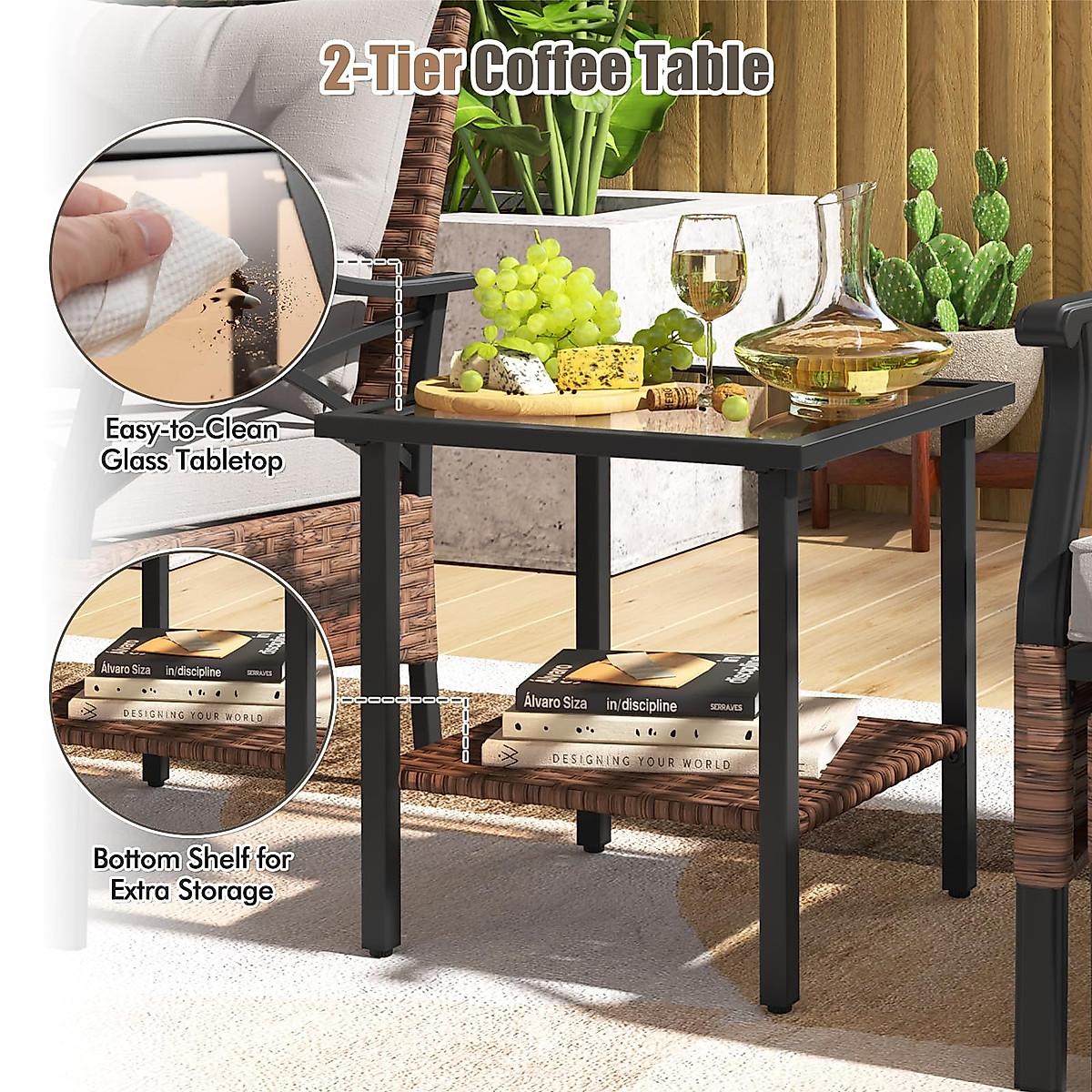 HAPPYGRILL 5 Pieces Patio Conversation Set, Outdoor Wicker Furniture Set with Armchairs, 2-Tier Coffee Table, 2 Ottomans and Cushions, Rattan Outdoor Chair Set for Backyard, Front Porch, Poolside