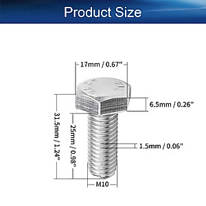 Bettomshin 10Pcs M10 x 25mm Hex Bolts, 304 Stainless Steel 1.5mm Thread Pitch Fully Threaded Metric Hex Head Screw Bolts, Hexagon Screw Bolt, Hex Tap Bolts, Silver (Overall Size 31.5x17x17mm)