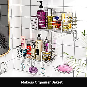 2 Pack Adhesive Shower Caddy Organizer Rack Shower Storage Shelf with Razor Holder and Extra Stickers for Inside Shower, No Drilling Organizer Rack Floating Shower Shelves for Bathroom Kitchen