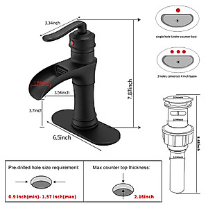 Waterfall Bathroom Faucet GGStudy Black Single Handle One Hole Farmhouse Matte Black Bathroom Vanity Faucet Basin Mixter Tap Deck Mount with Drain Assembly