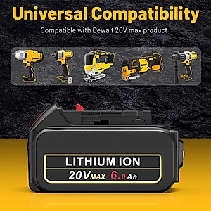Futurebatt 20V Max Battery for DEWALT 20-Volt MAX Tools 6.0Ah Lithium Battery Replacement DCB206 DCB205 DCB204 DCB203 DCB201 DCB200 DCB181 DCB180 DCD DCF DCG DCS Series
