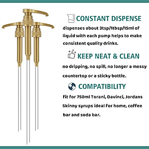 COODUM 3 Packs Coffee Syrup Pump Fits 750Ml Torani, DaVinci, Jordans Skinny Syrup Bottles, Torani Pump Dispenser for Coffee Syrup Snow Cones, No Dripping, Ideal for Home and Coffee Bar - Gold