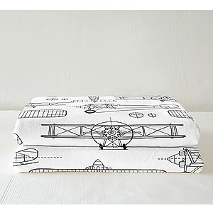 Airplane Kids Throw Blanket,Hand-Painted Sketch American Aircraft Bed Blanket for Girls Boys Adults,Air Vehicles Cartoon Fleece Blanket,Black White Fuzzy Blanket,Baby Size (30 x 39 Inches)