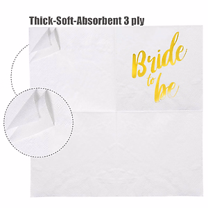 Wedding Napkins- KRGMNHR 50 Pcs Disposable Paper Cocktail Napkins with Gold Foil "Bride to be" for Wedding Shower Engagement Party Decorations, Wedding Cake Table Decor Supplies, Folded 5"x5", 3-Ply