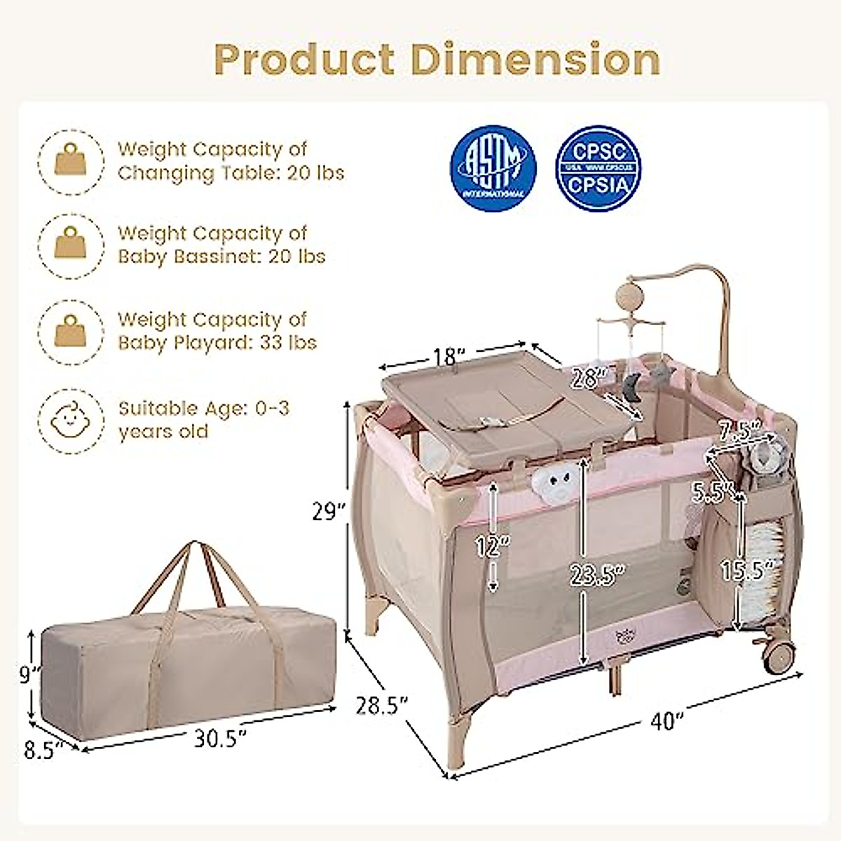 Costzon 3 in 1 Pack and Play with Bassinet, Portable Baby Playard with Changing Table, Bassinet, Music Box, Whirling Toys, Wheels/Brake, Large Basket, Bag, Foldable Travel Crib for Indoor Outdoor
