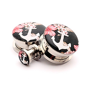 Mystic Metals Body Jewelry Screw on Plugs - Floral Anchor Picture Plugs - 8g - 3mm - Sold As a Pair