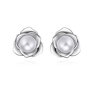 "Lovely Rose" High Polished 925 Sterling Silver Earrings with 7-8mm Natural Freshwater Pearl (Jewels Set)