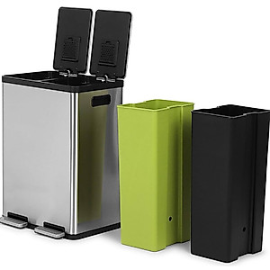 SIMPLI-MAGIC 60 Liter / 16 Gallon Rectangular Hands-Free Dual Compartment Recycling Kitchen Step Trash Can with Soft-Close Lid, Brushed Stainless Steel (30L x 30L Capacity)