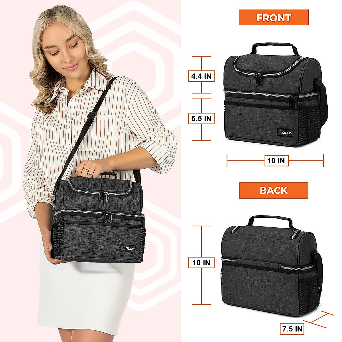 OPUX Lunch Box For Men Women, Insulated Large Double Decker Lunch Bag, Charcoal Gray, 10x7.5x10 Inches