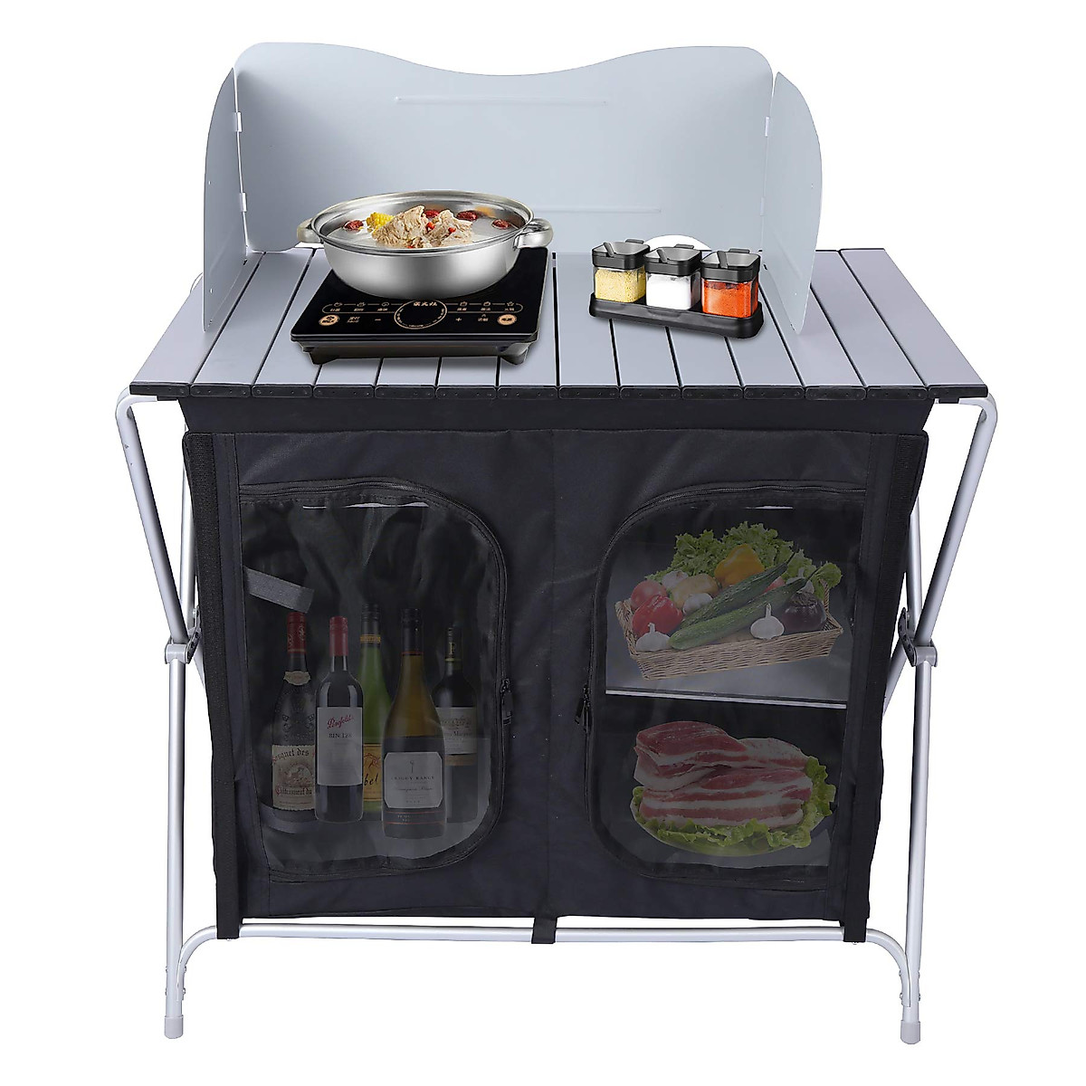 REDCAMP Aluminum Camping Table with Roll Up Table Top and Storage, Portable Folding Outdoor Grill Table for Picnic BBQ Cooking, Silver
