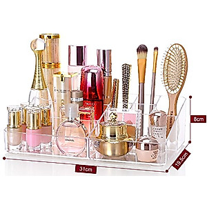 Clear Acrylic Makeup Organizer Tray,9 Spaces Cosmetic Display Case Storage Box for Lipstick,Makeup Brushes and Skin Care Product,13.8"x8.3"x3.6",Pack of 1